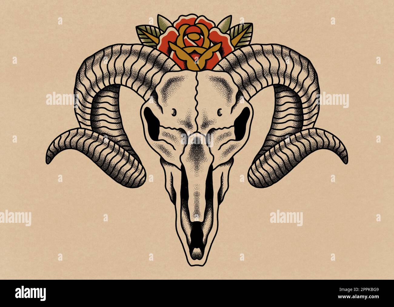 Old school tattoo art style drawing goat skull with rose on old paper ...