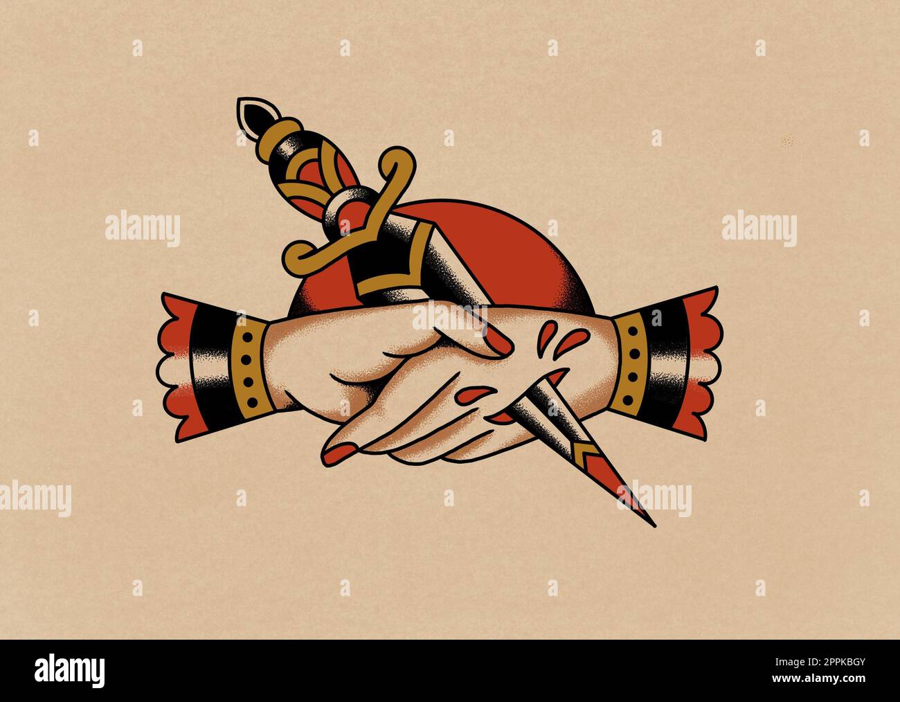 Old school tattoo art style drawing handshake with sword stabbed hand ...