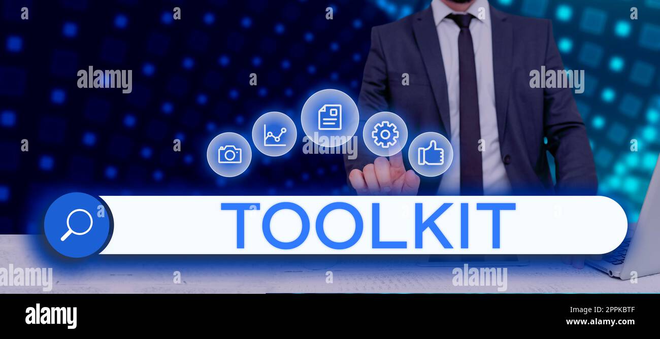 Text sign showing Toolkit. Internet Concept set of tools kept in a bag ...