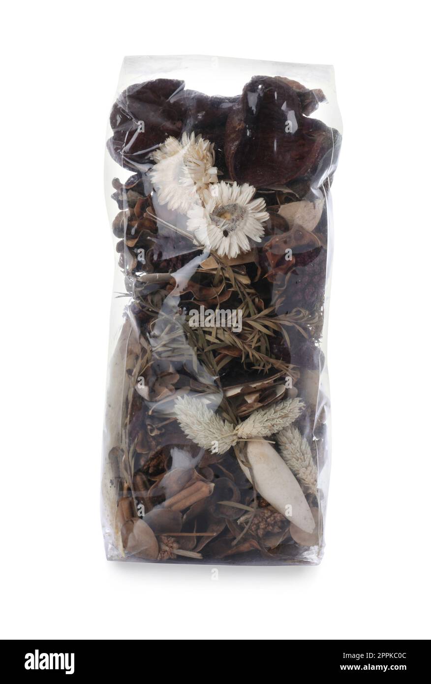 Scented sachet with mixed dried flowers on white background Stock Photo ...