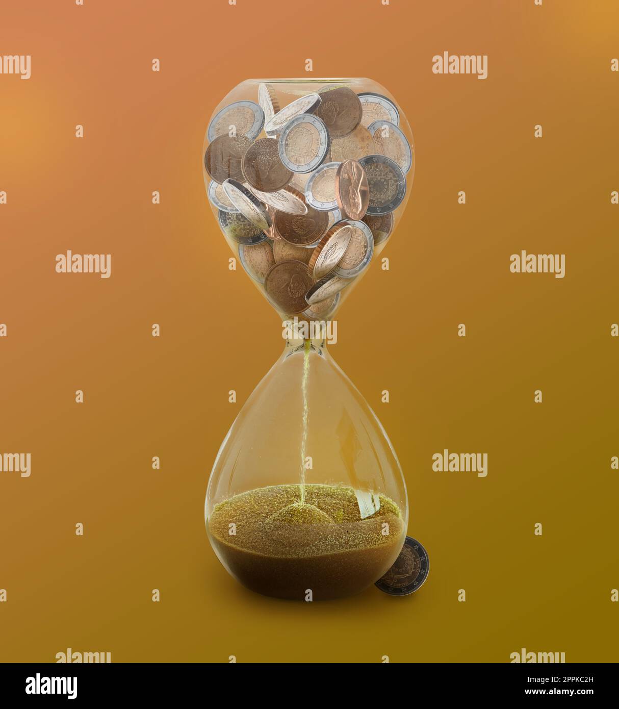 Time is money. Hourglass full of coins converting into golden sand on ...