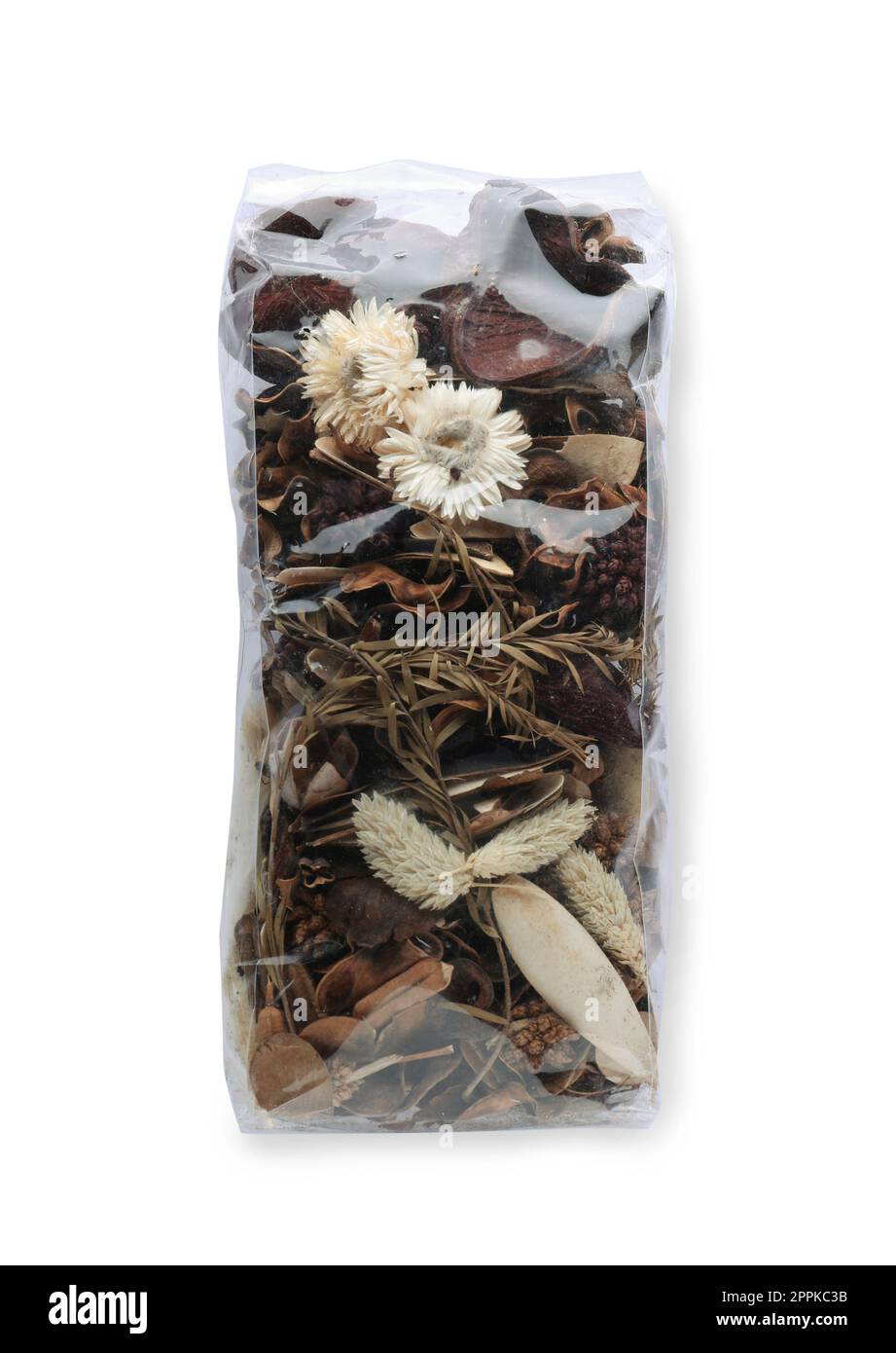 Scented sachet with mixed dried flowers on white background Stock Photo ...