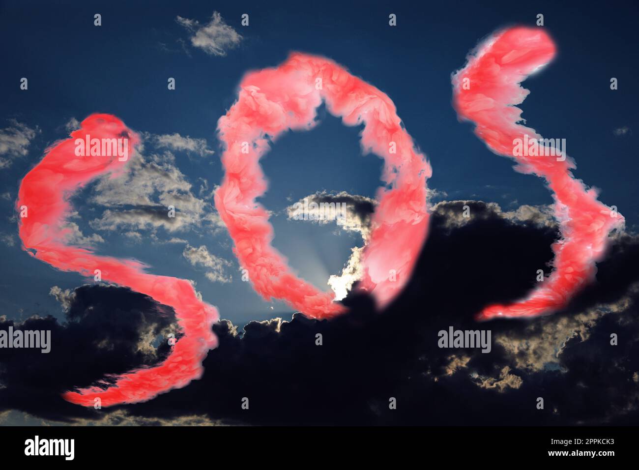 Word SOS made of red smoke and sky with dark clouds after thunder Stock ...