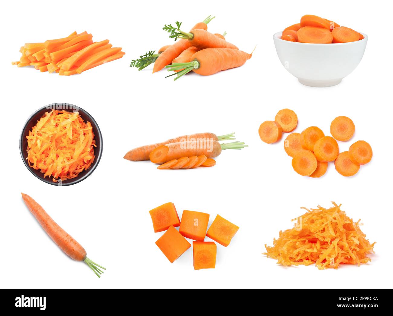 Set with cut fresh carrots on white background Stock Photo - Alamy