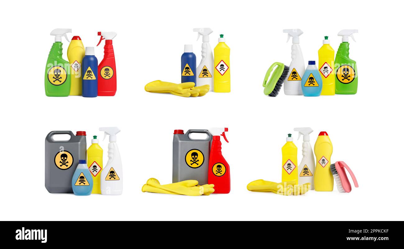 Set with different toxic household chemicals with warning signs on ...