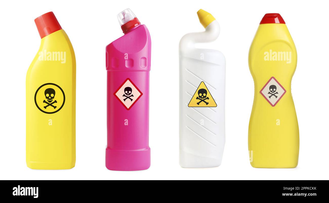 Set with different toxic household chemicals with warning signs on ...