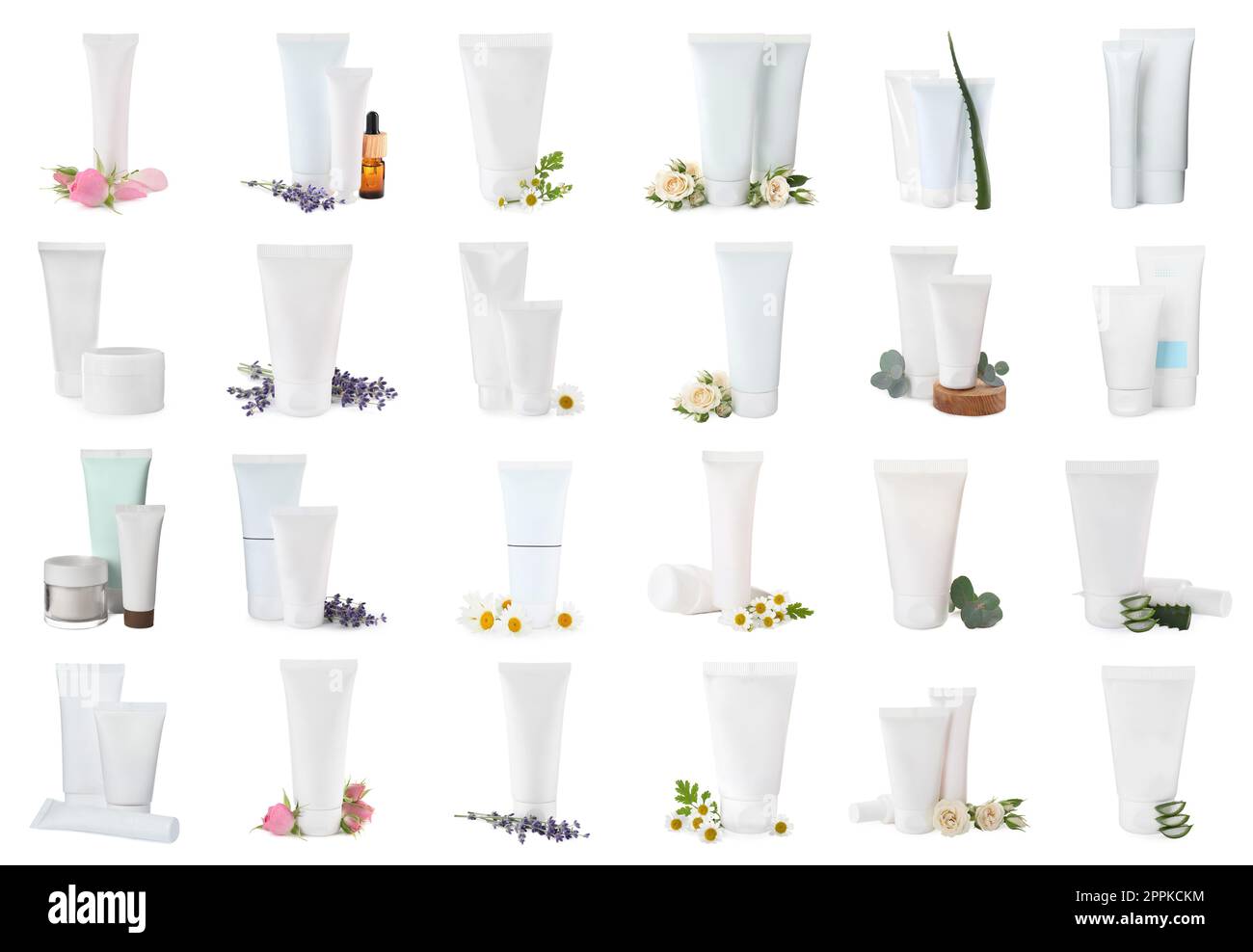 Set of different containers with hand creams on white background Stock ...