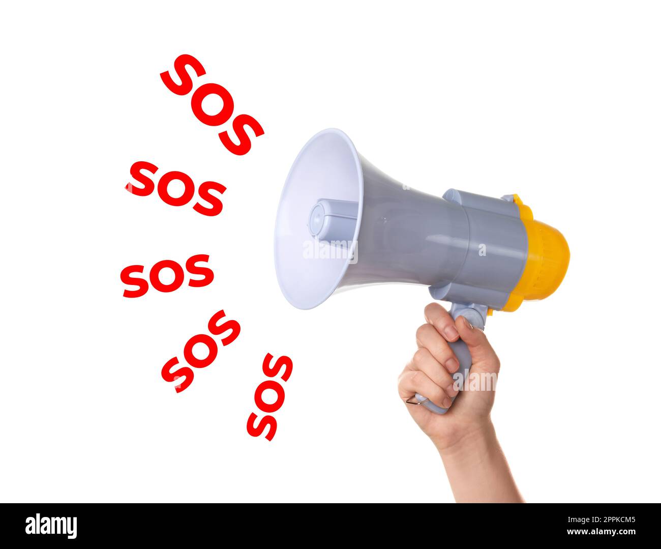 Woman holding megaphone and words SOS on white background. Asking for ...