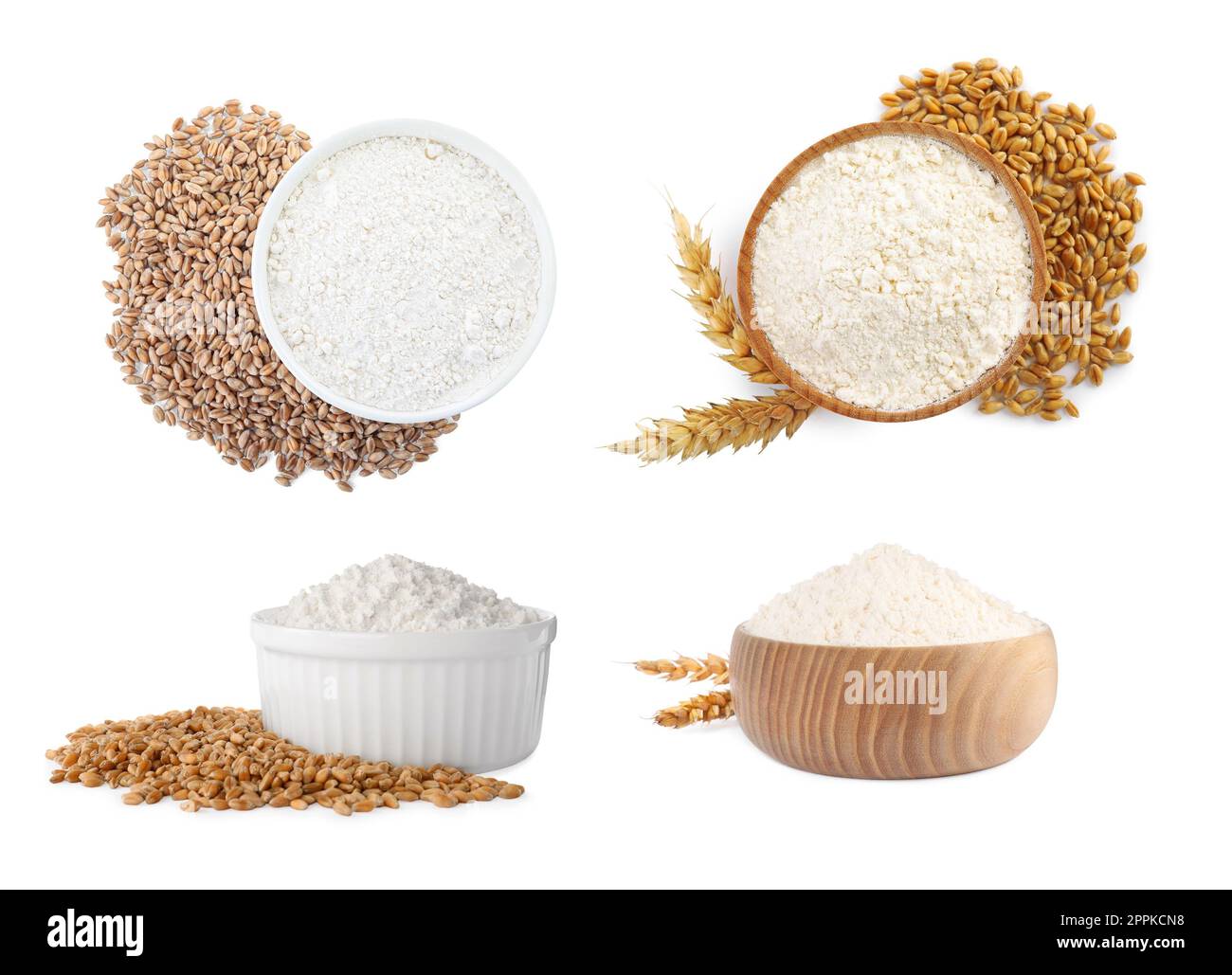 Set with wheat flour on white background Stock Photo - Alamy
