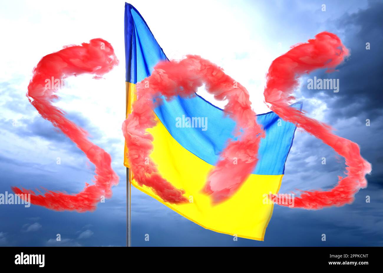 Word SOS made of red smoke and national flag of Ukraine against cloudy ...