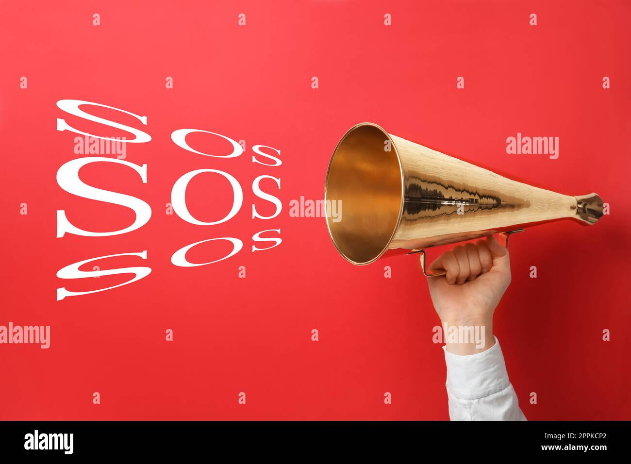 Woman holding retro megaphone and words SOS on color background. Asking ...