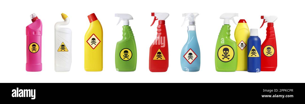 Set with different toxic household chemicals with warning signs on ...