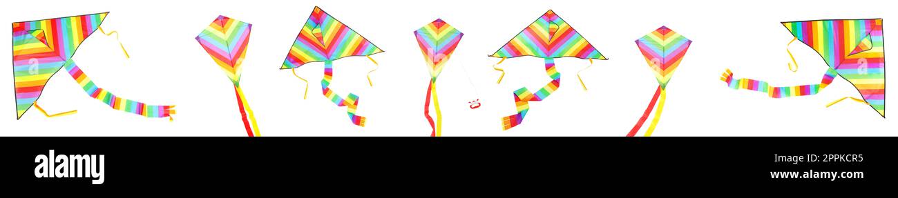 Set with beautiful bright kites on white background. Banner design ...