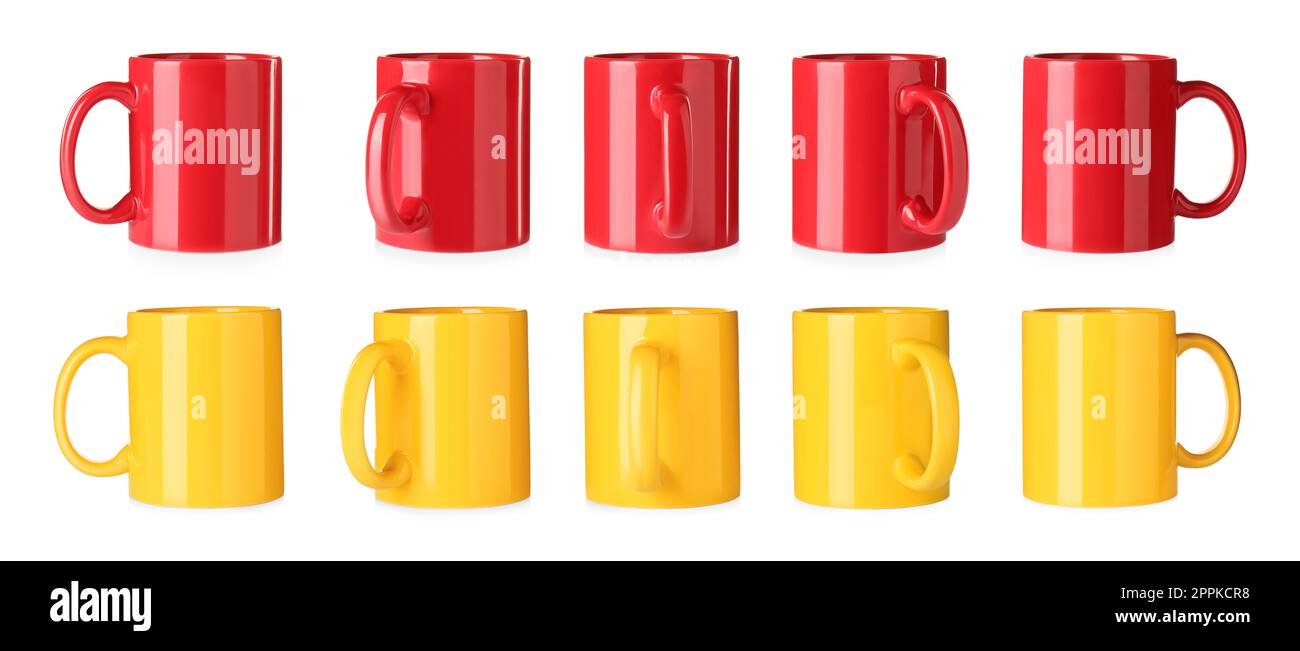 Set with different ceramic mugs on white background. Banner design ...