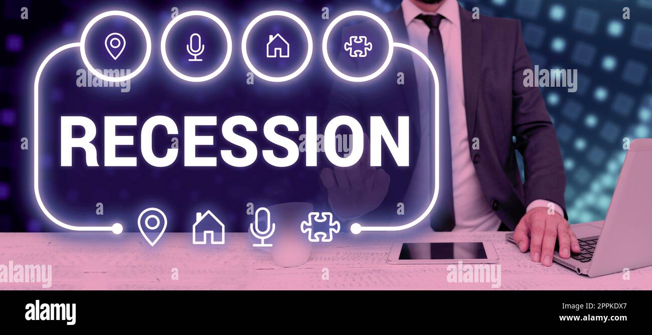 Text sign showing Recession. Word Written on the process of progressive decrease in growing ...