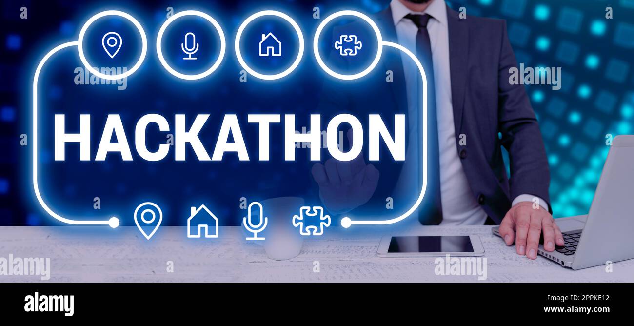 Inspiration showing sign Hackathon. Internet Concept event where large ...