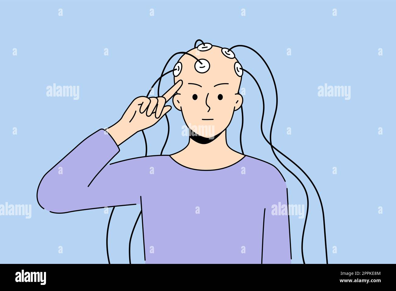 Bald person with electrodes connected to head engaged in neuroscience ...