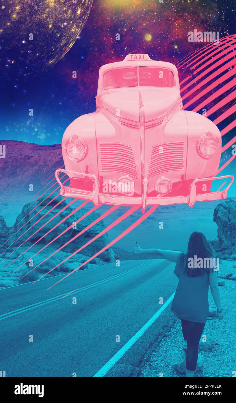 Surreal art collage or design. Abstract landscape with woman on road ...