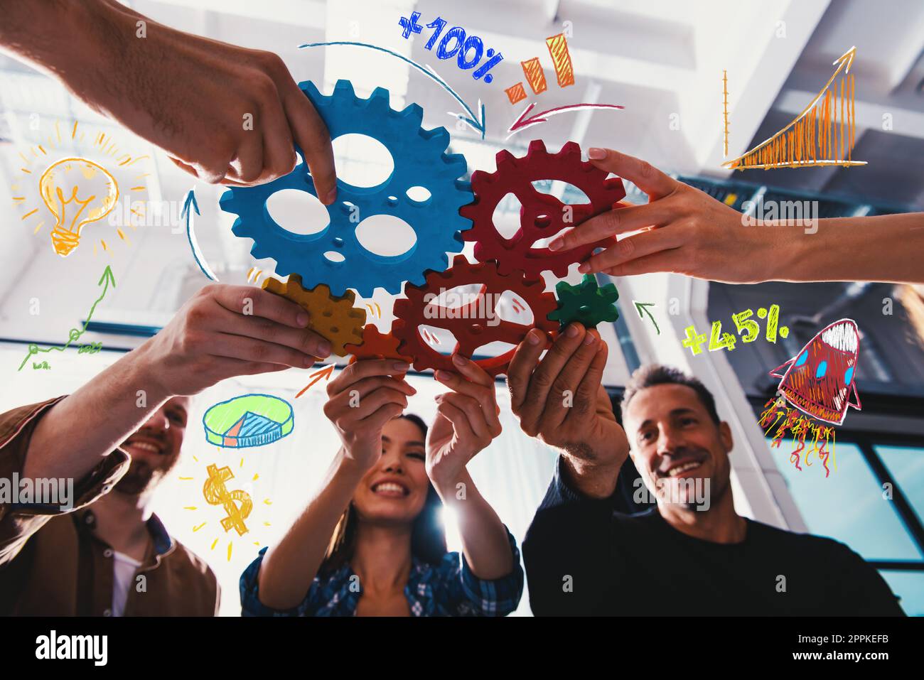 Business team connect pieces of gears. Teamwork, partnership and ...