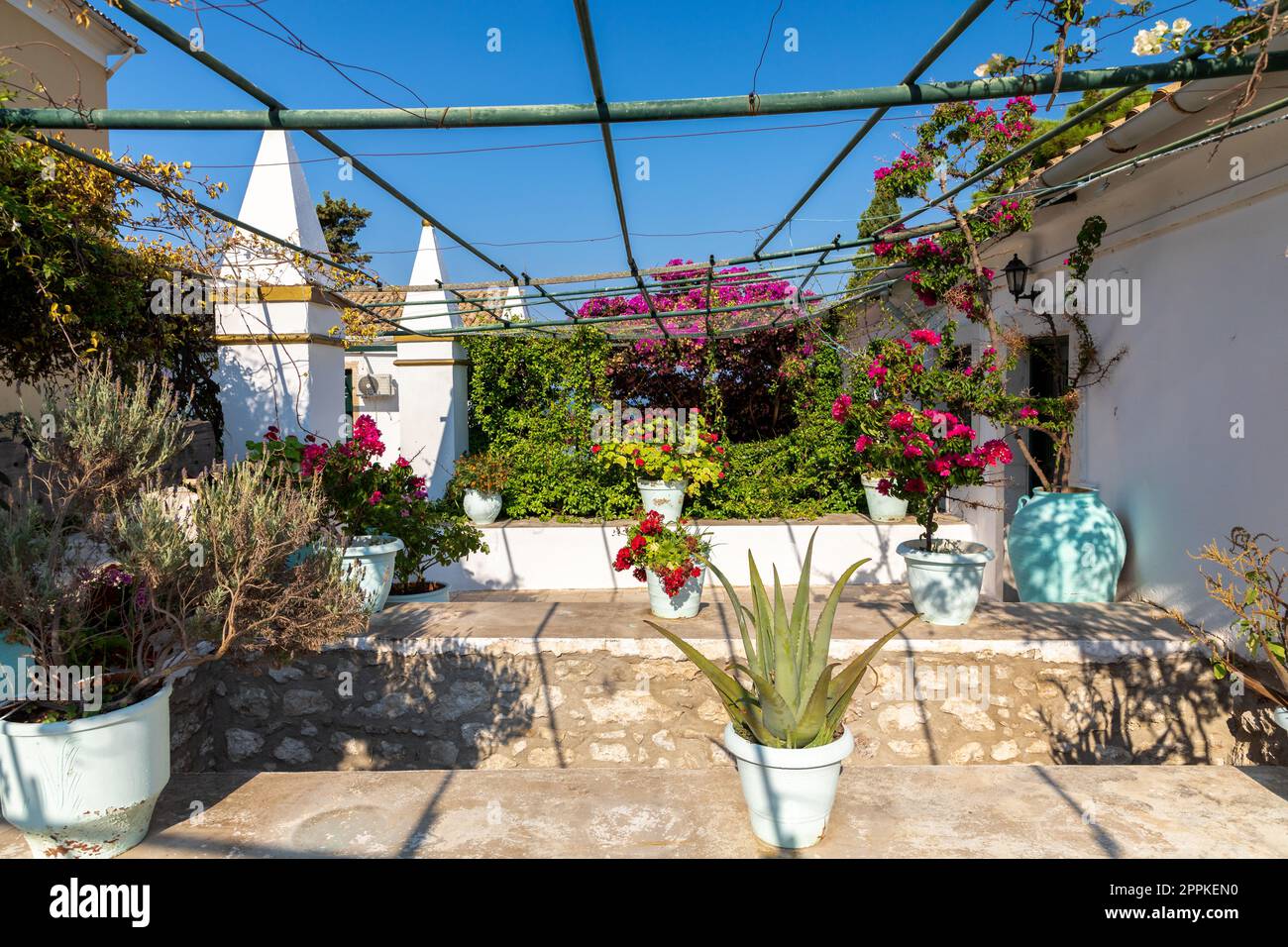 Garden in Paleokastritsa monastery on the island of Corfu, Greece Stock ...