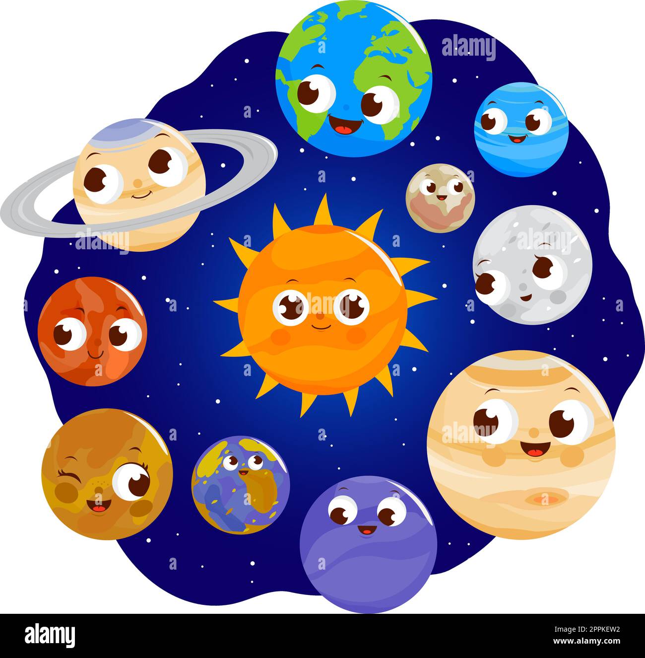 Cute planet characters of solar system in space. Vector illustration ...