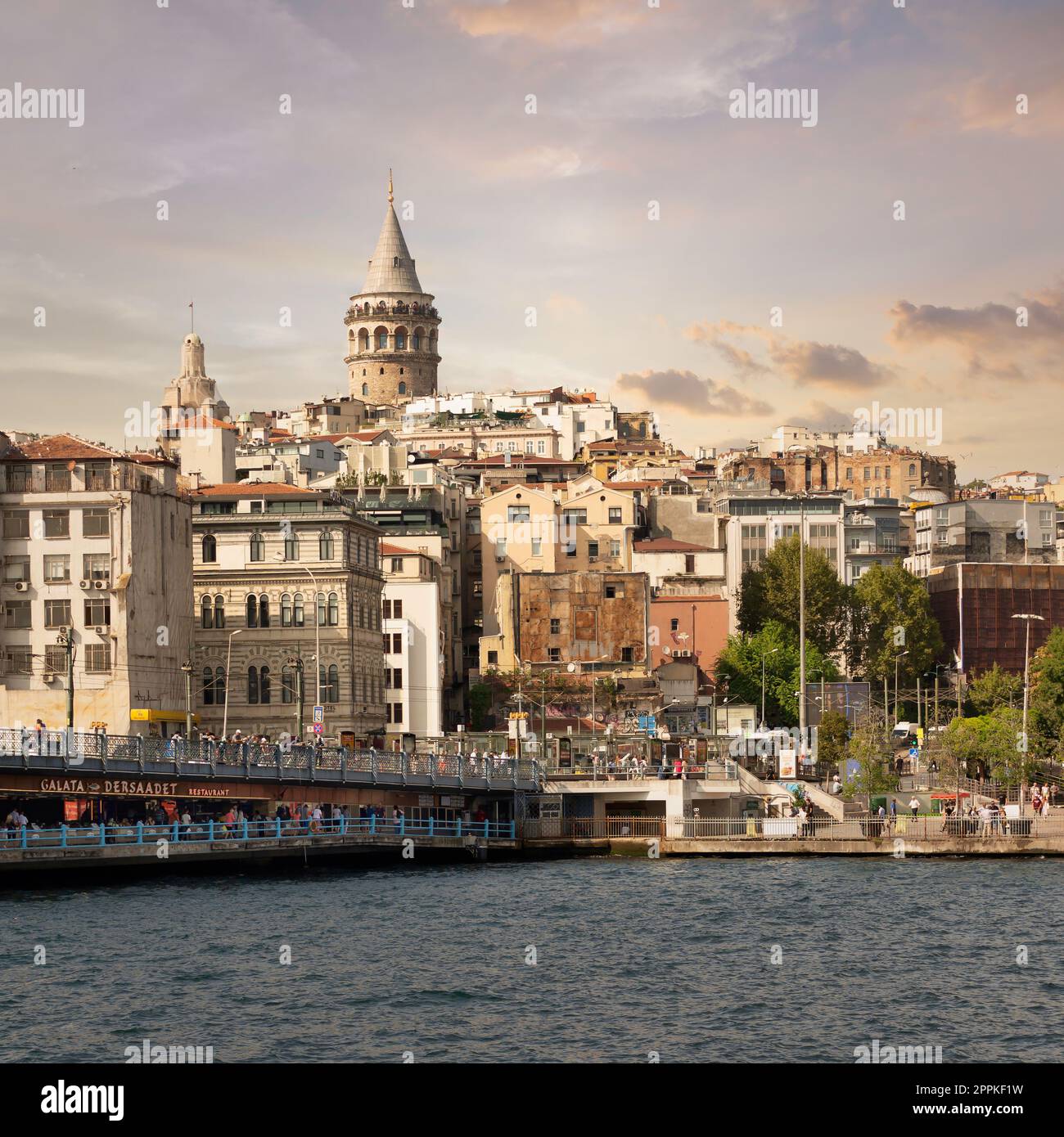 Turkey: Istanbul skyline including Galata Bridge with traditional fish ...