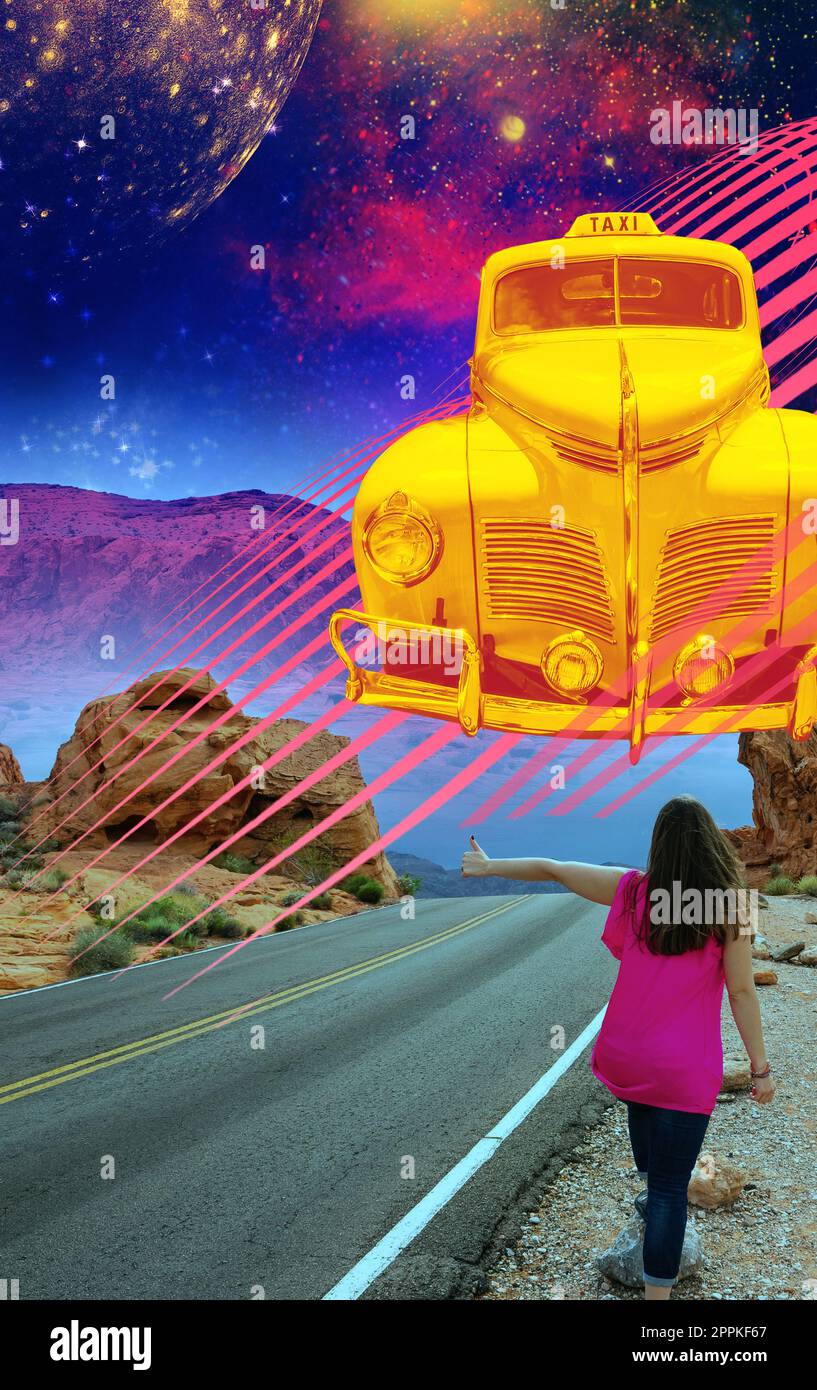 Surreal art collage or design. Abstract landscape with woman on road ...