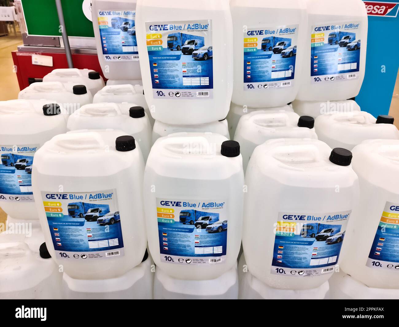 Kiel, Germany - 11 February 2023: A stack of canisters of the additive ...