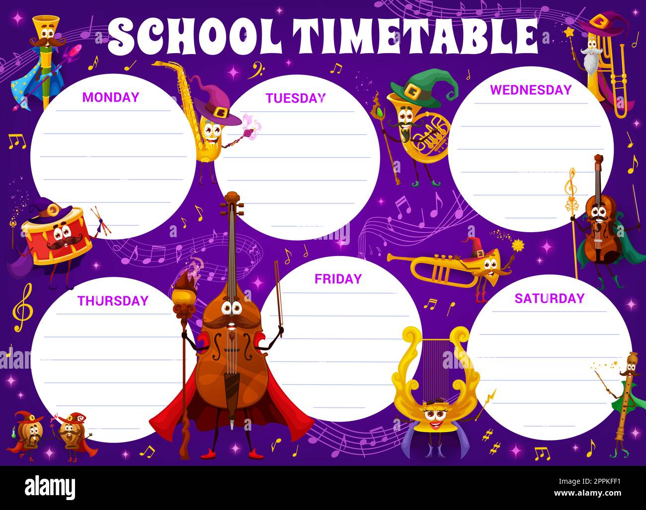 Timetable schedule wizard musical instrument characters, sound waves ...
