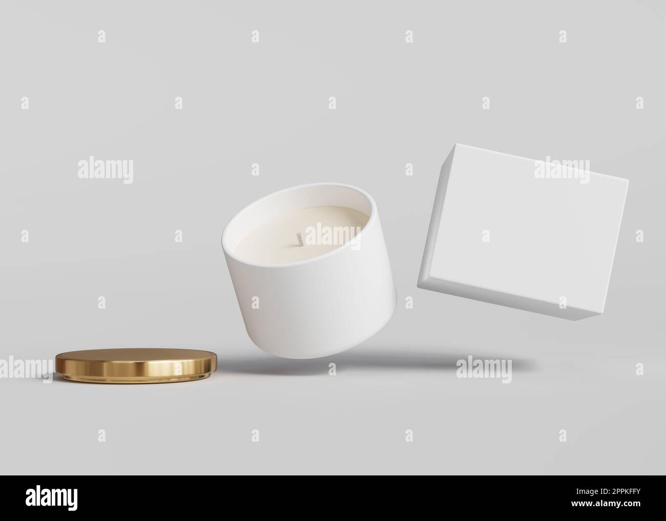 White ceramic candle jar with gold lid and empty box floating mockup, 3D render Stock Photo - Alamy