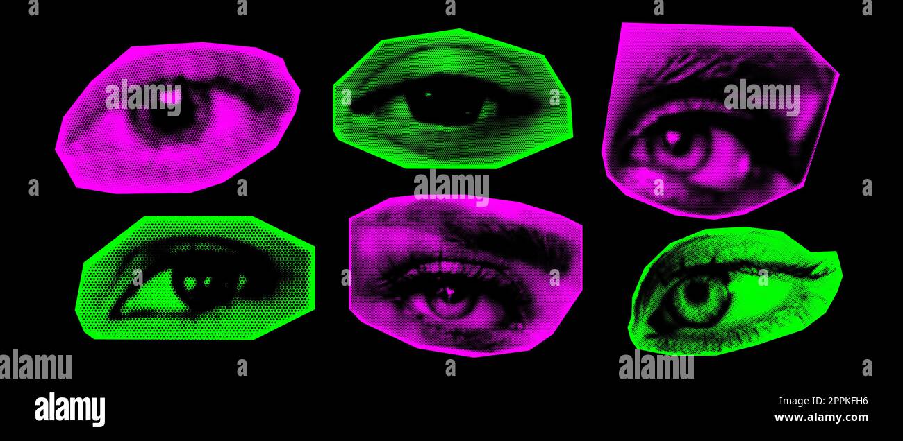 Halftone design elements in trendy magazine style. Eyes collage. Vector ...