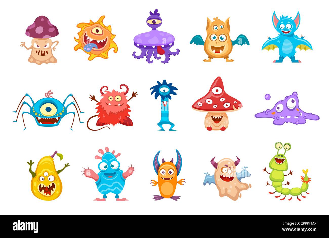 Monsters, cartoon cute funny characters and alien animals with happy ...