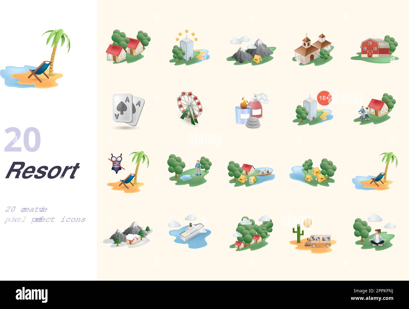 Resort set. Creative icons: recreation resort, all-inclusive resort ...
