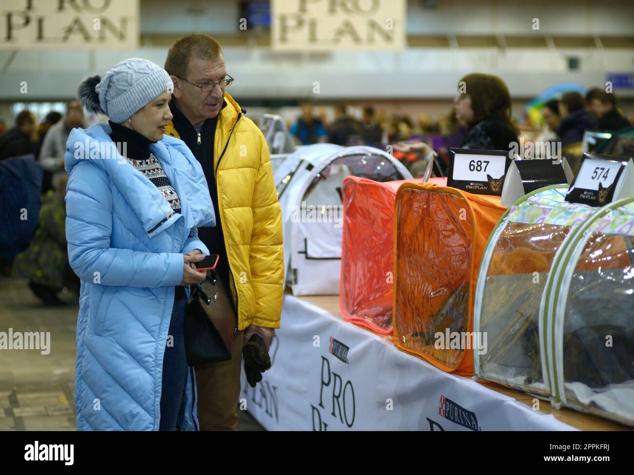 Group of visitors looking at cages with cats inside. Grand cat show ...