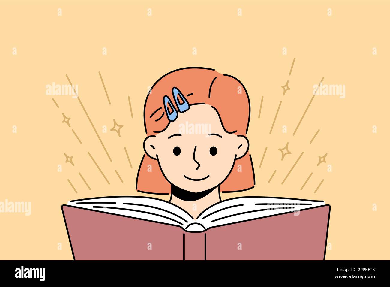 Smiling little girl kid reading book. Happy child engaged in literature ...