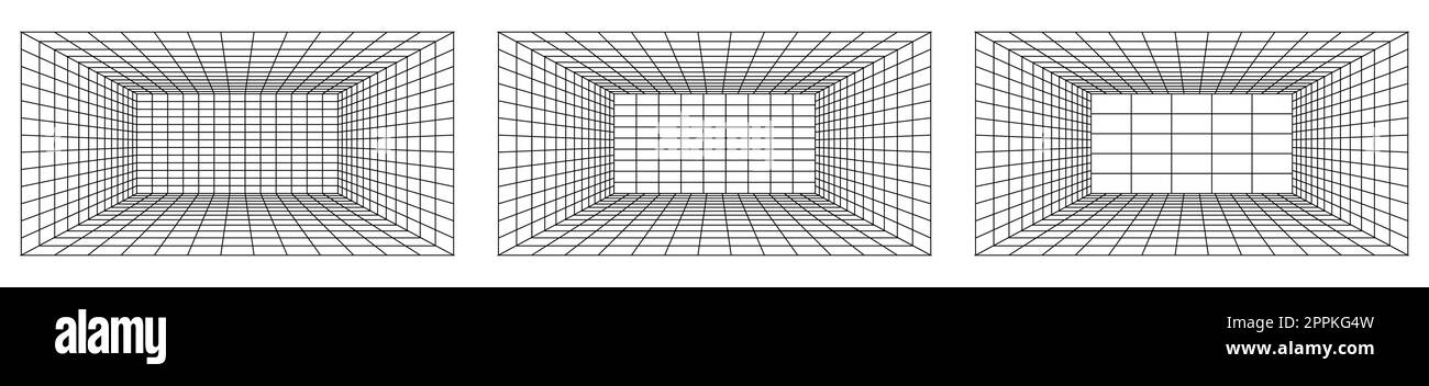 Cyber grid set. Retro punk perspective rectangular tunnels. Vector ...