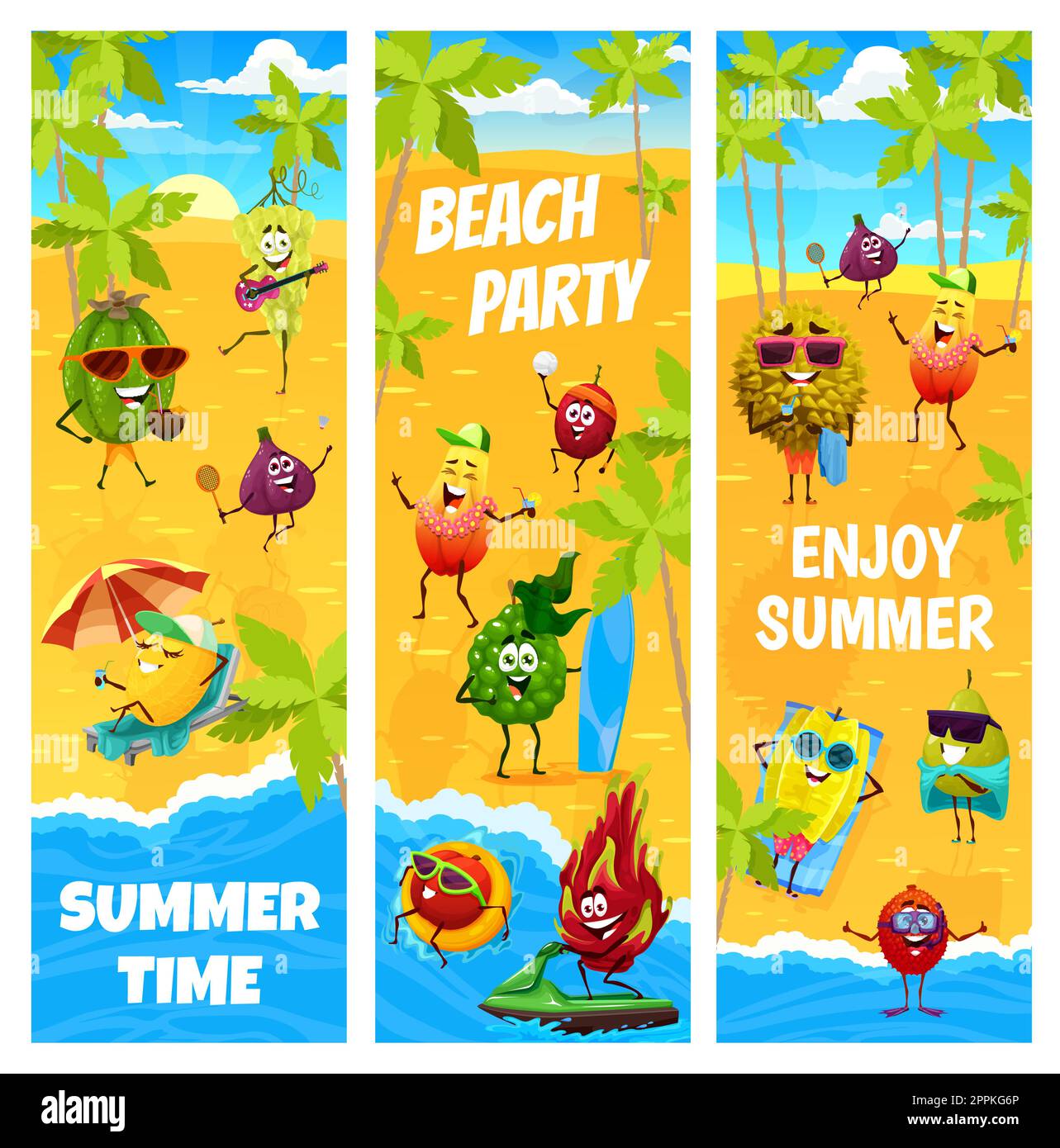 Cartoon fruits characters on summer vacation, beach party. Vector ...