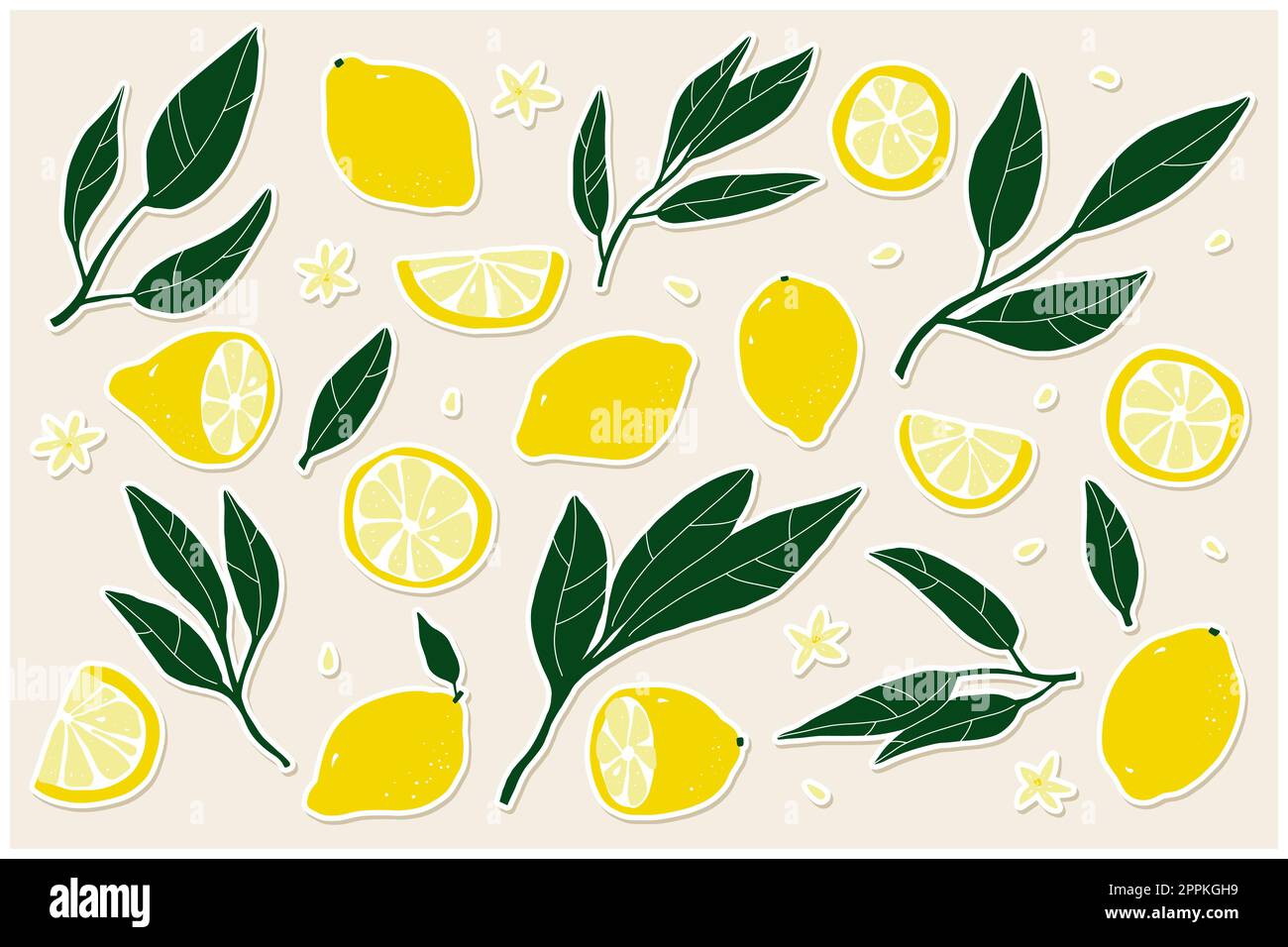 Lemon sticker set. Hand-drawn lemons on a beige background. Slice ...