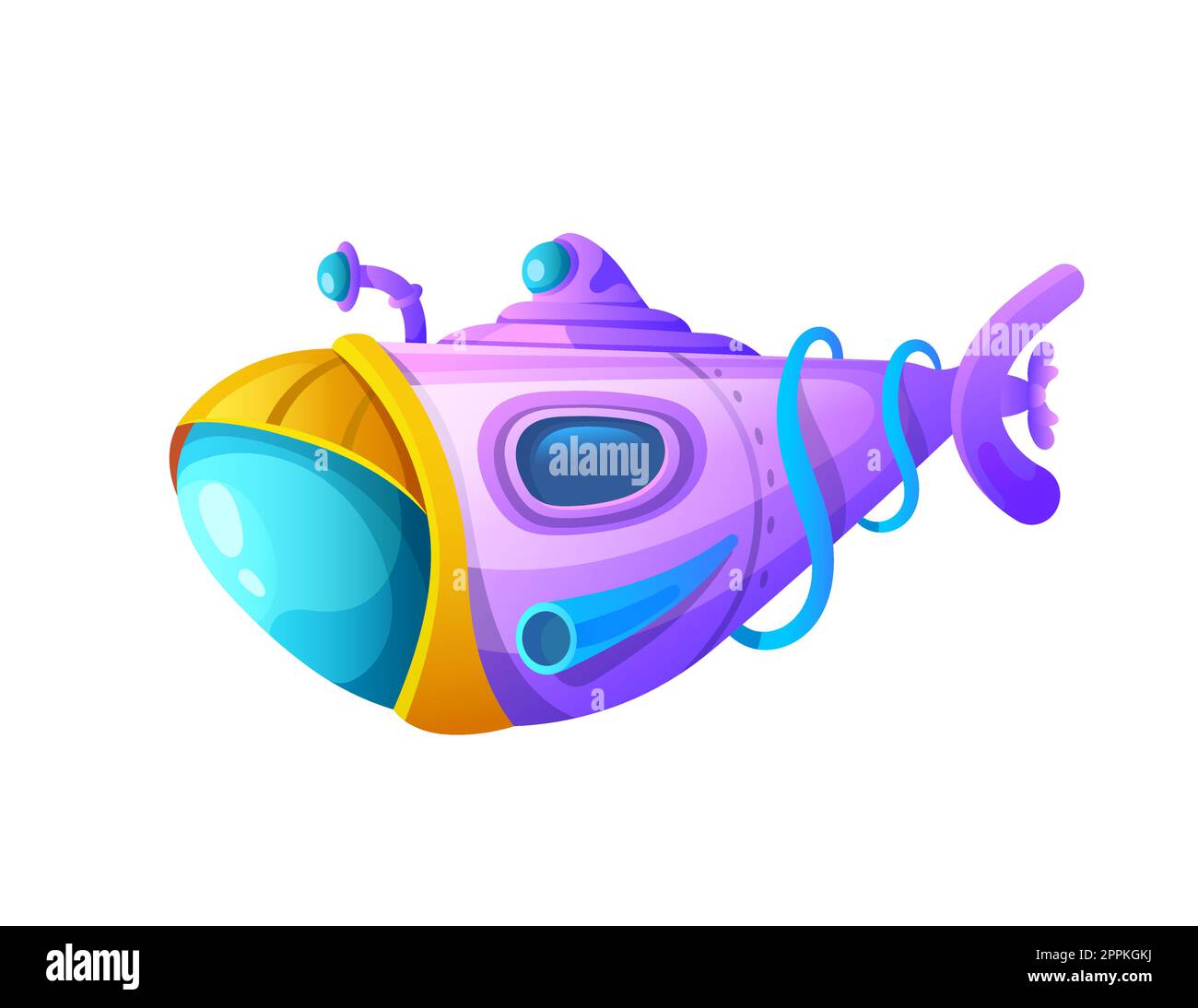 Cartoon submarine, underwater bathyscaphe with periscope, vector funny ...
