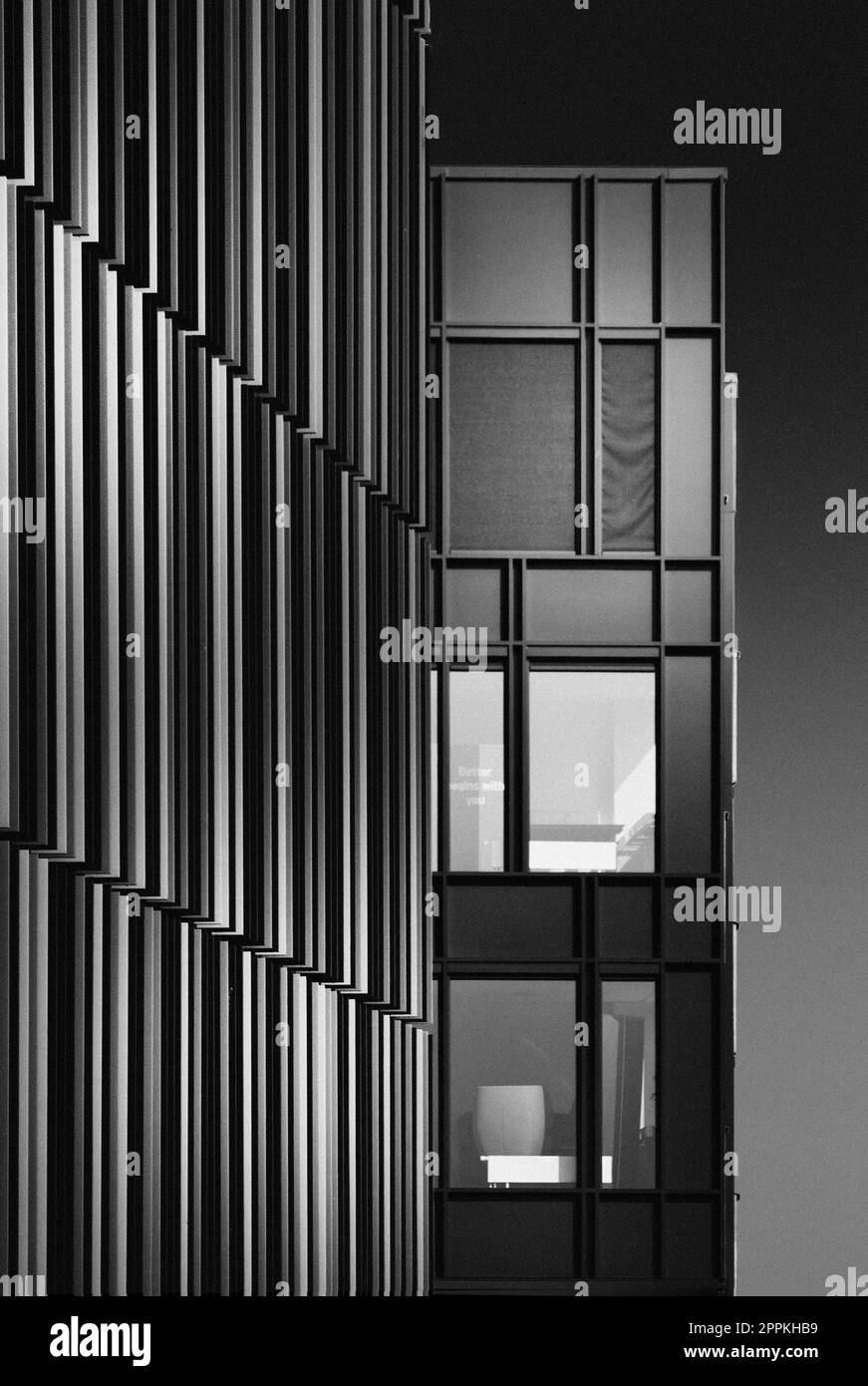 A grayscale of a structure featuring a series of windows with a ...