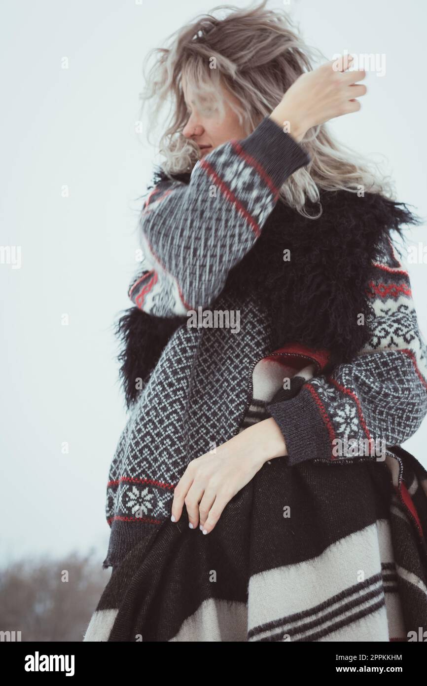 Close up pretty lady in woolen clothes outdoors portrait picture Stock ...