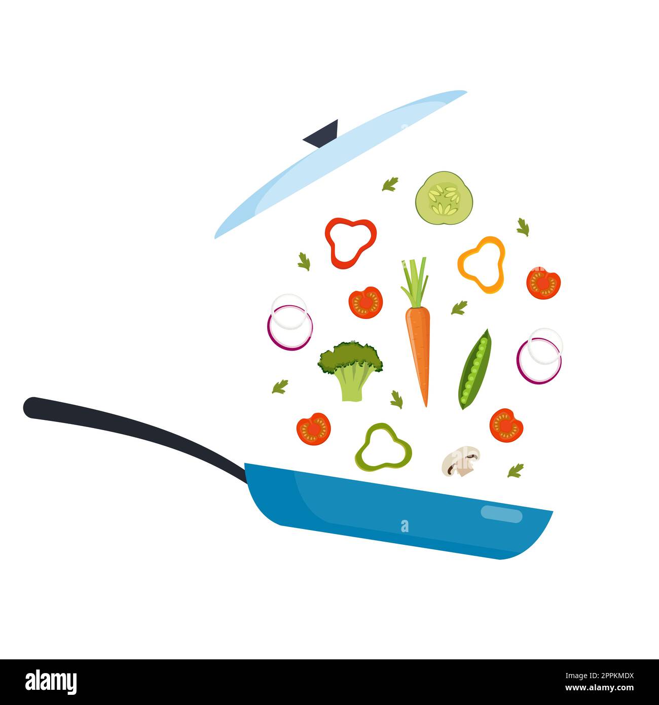 Vegetables and frying pan. Broccoli, pepper, red tomato, carrot, onion ...