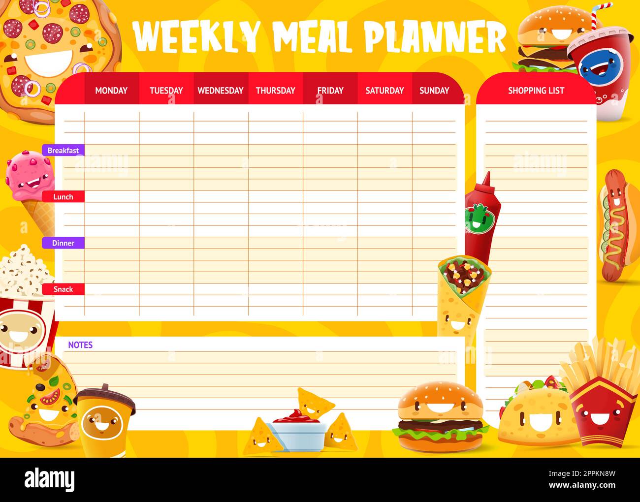 Weekly meal planner, funny cartoon takeaway fast food characters ...