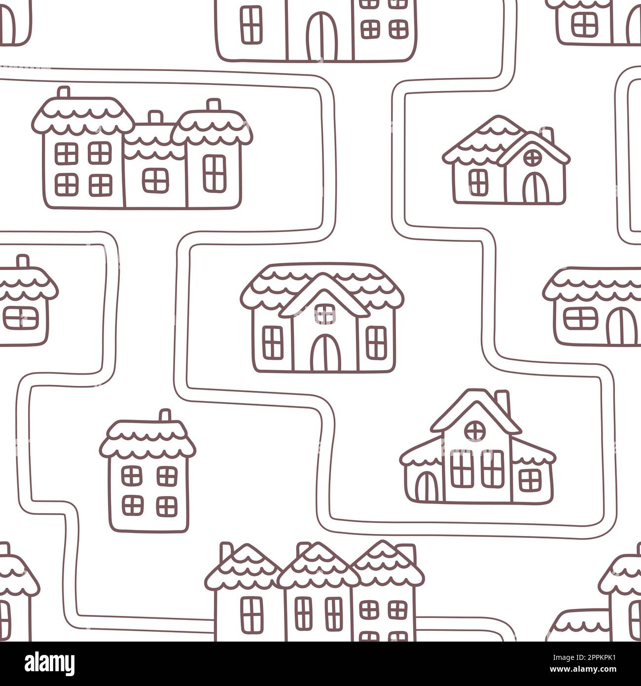 Cute seamless town pattern. Endless background with doodle houses and ...
