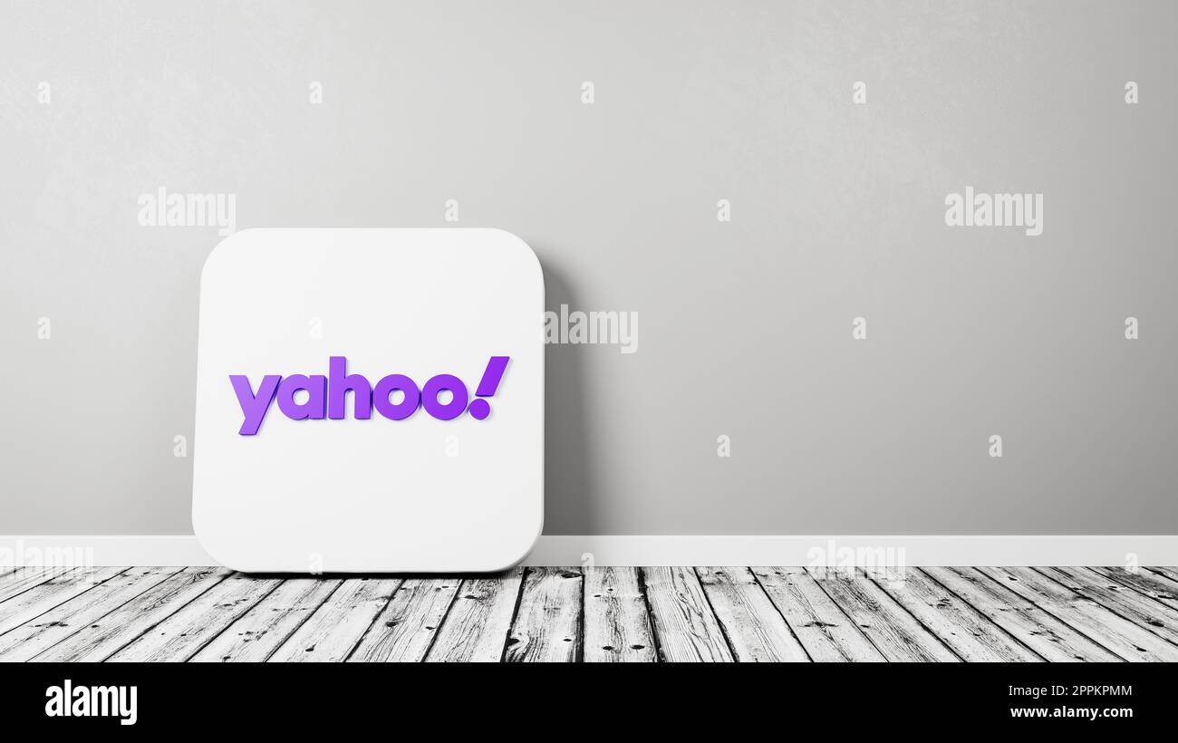 Yahoo App Icon 3D Symbol Shape on Wooden Floor Against Gray Wall with Copy Space 3D Render ...