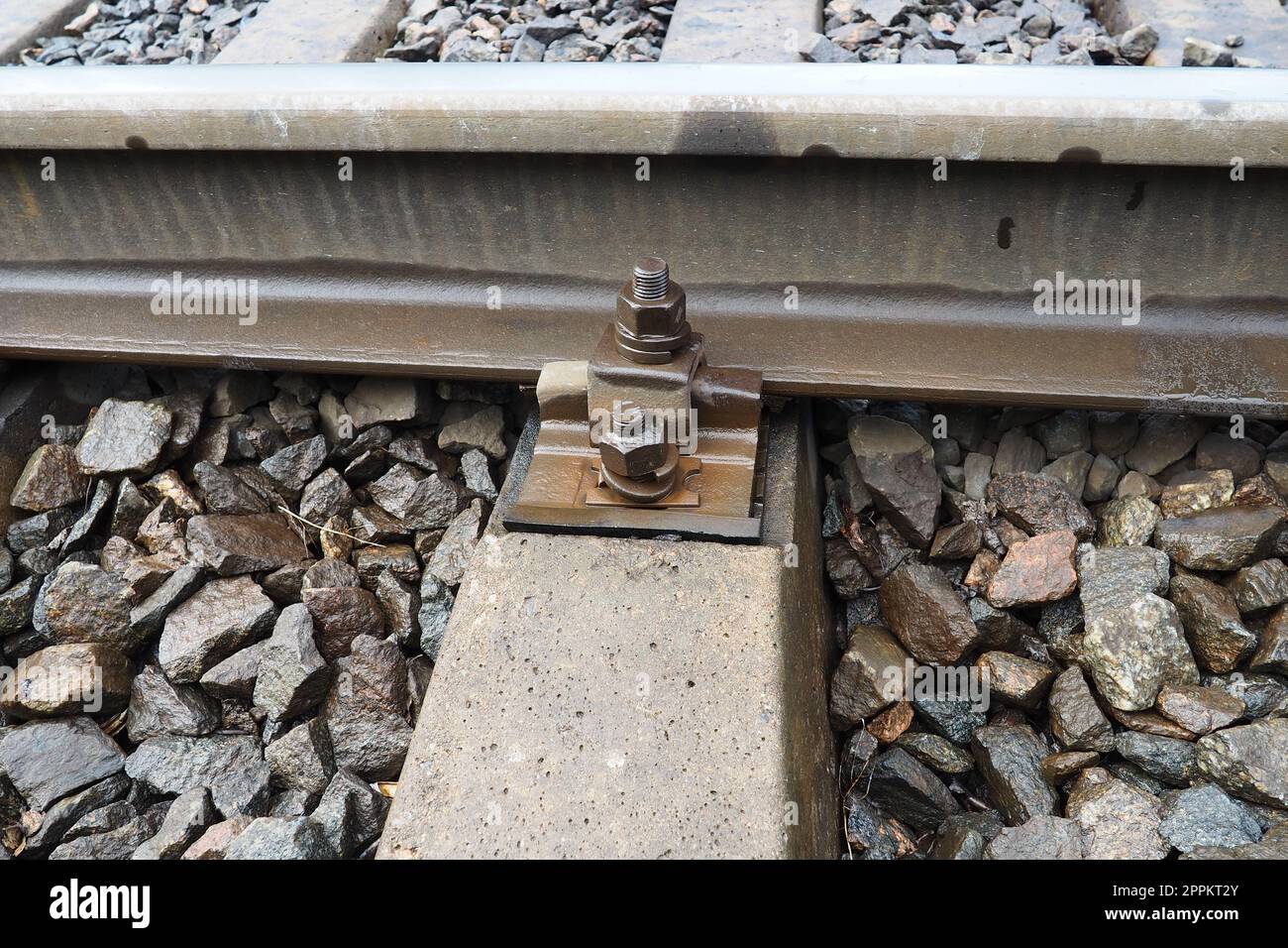 Railways. Metal steel rails and wooden sleepers. Rivets and fasteners ...