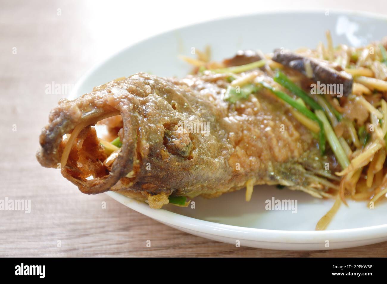 batter fried red grouper fish dressing ginger with mushroom in soy ...