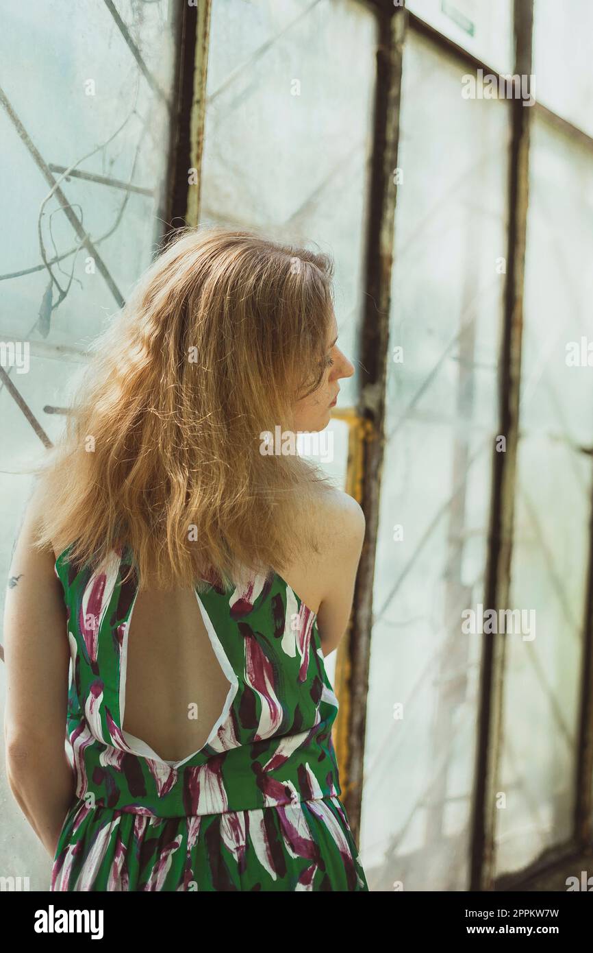 Pretty lady from behind standing by window scenic photography Stock ...