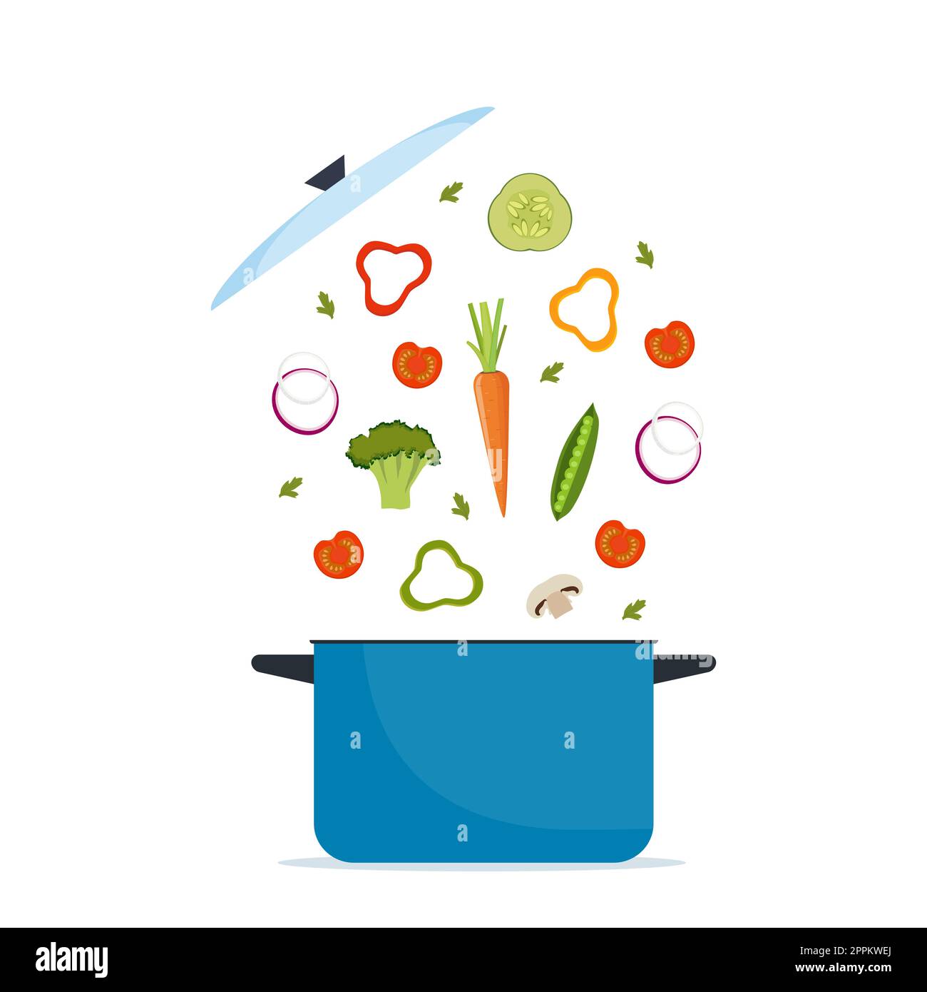 Vegetables and pan. Broccoli, pepper, red tomato, carrot, onion greens ...