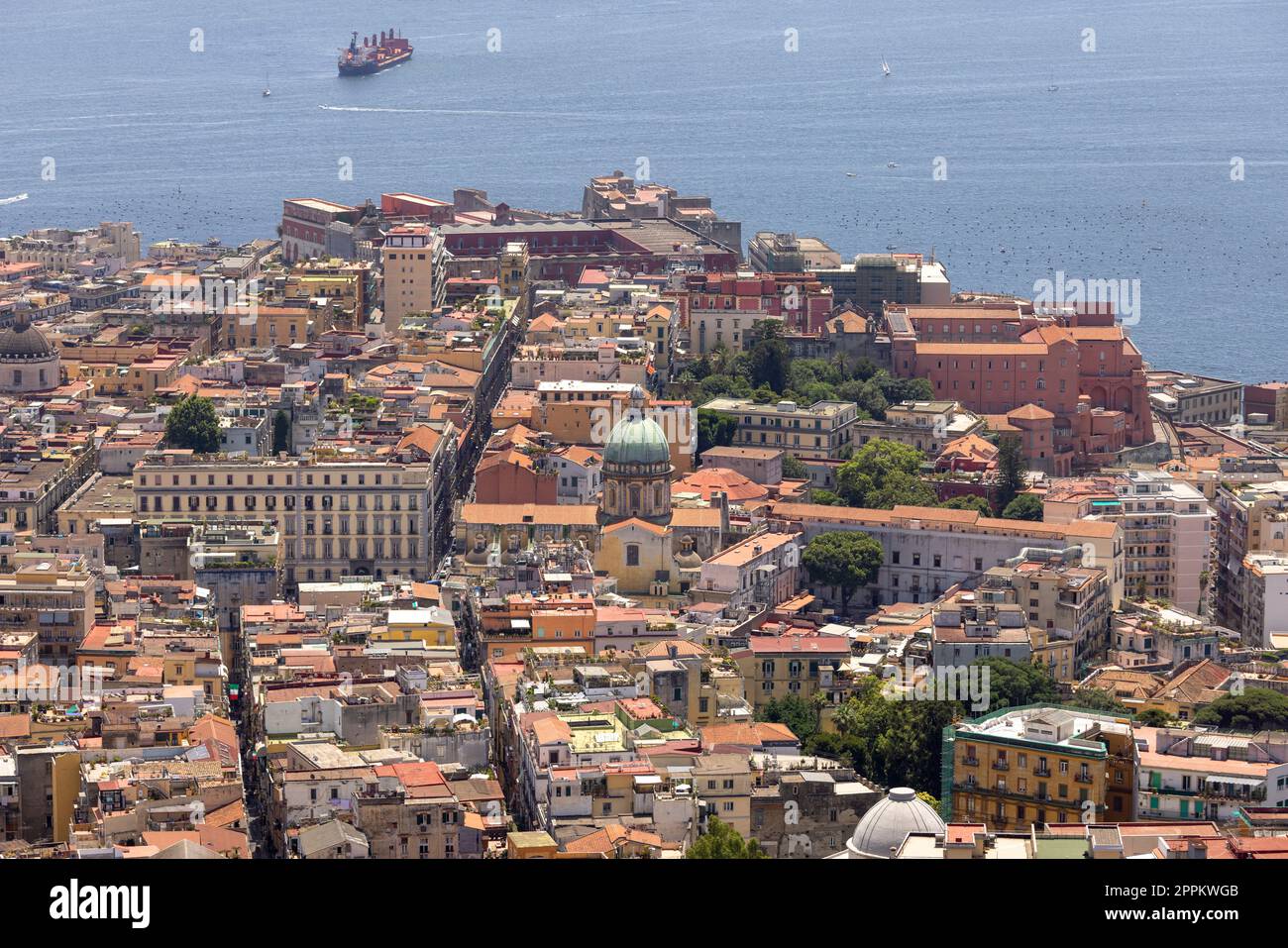 Aerial view of city with colorful buildings and port on Tyrrhenian Sea ...